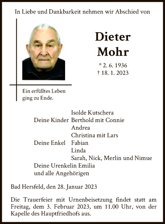 Traueranzeigen von Dieter Mohr | trauer.hersfelder-zeitung.de